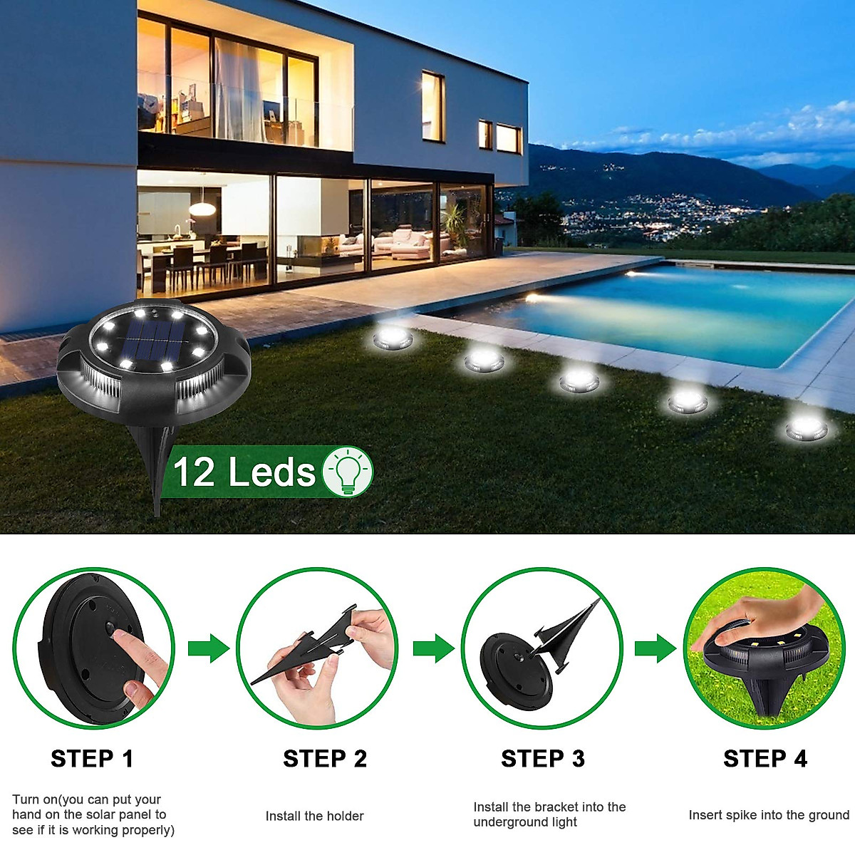 K.E.J. Solar Ground Lights Outdoor 12 Led Disk Lights Garden Lights Solar Powered Waterproof In-Ground Outdoor Landscape Lighting for Patio Pathway Lawn Yard Deck Driveway Walkway (12 Pack)