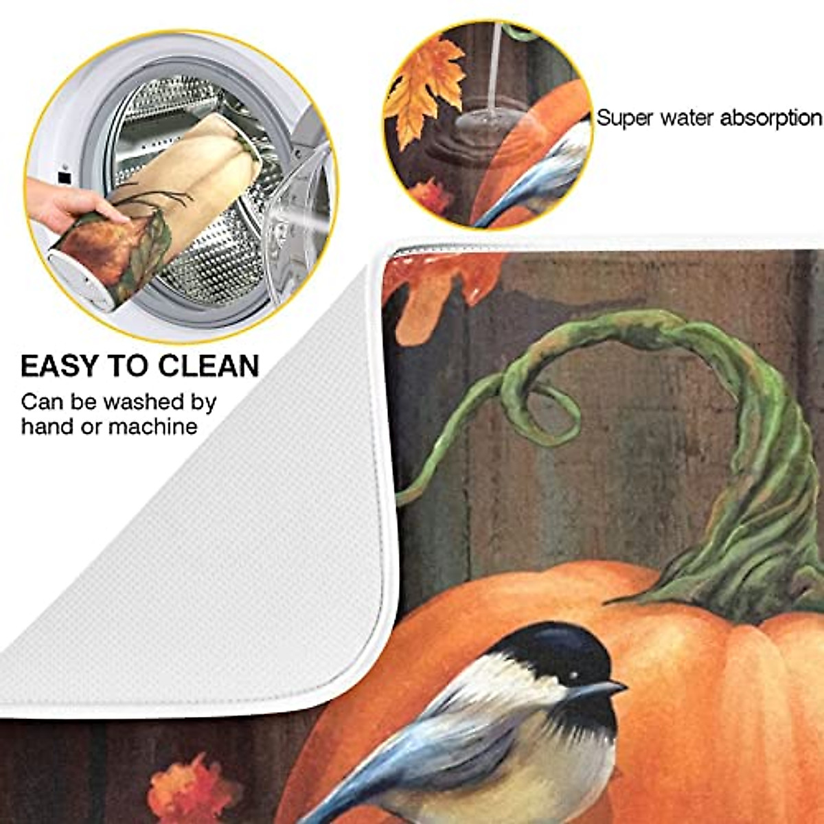 Absorbent Dish Drying Mat for Kitchen Counter - Pumpkin Birds Thanksgiving Day Microfiber Drying Pad, Reversible Drainer Mats for Countertop, Large 18" x 24"