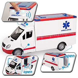 JOYIN 3 PC 1:16 Big Friction Powered City Play Vehicle Toy Set Including, Fire Engine Rescue Truck, Ambulance, and Recycling Garbage Truck, Vehicle Toy with Lights and Sound Siren