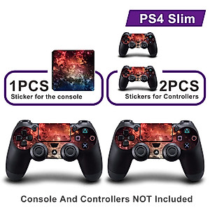 FOTTCZ Full Body Orange and Blue Cosmic Nebular Protective Vinyl Skin Decal for PS4 Slim Console and 2PCS Controller Skins Stickers