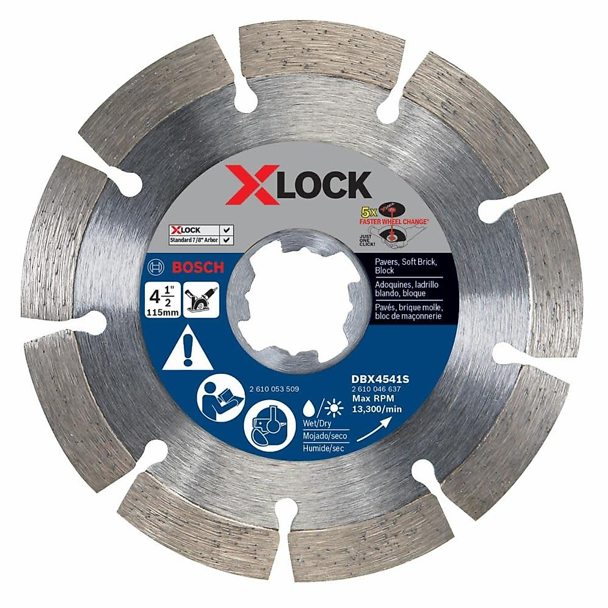BOSCH DBX4541S 4-1/2 In. X-LOCK Segmented Rim Diamond Blade Compatible with 7/8 In. Arbor for Application in Pavers, Soft Brick, Block