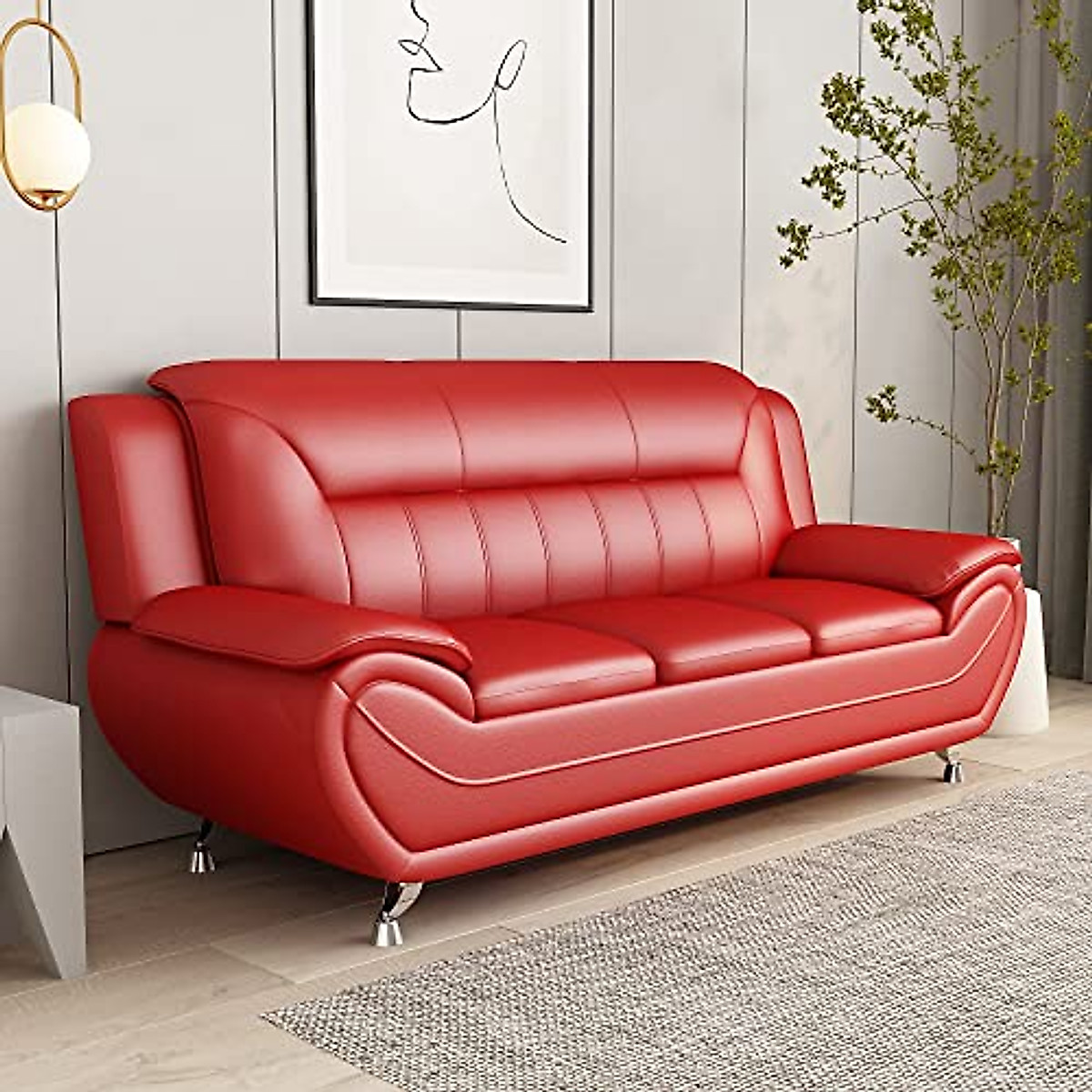 US Pride Furniture Michael Collection Modern Style Faux Leather Couch-Versatile 3 Seater Accent Piece for Living Room, Bedroom or Office-Comfortable Design and Elegant Look, 79" Sofa, Coral Red