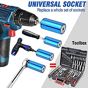 Universal Socket, Super Socket Set Self-adjusting with Power Drill Adapter and Drive Ratchet Wrench Handle, 1/4'' - 3/4'' (7-19mm) 3 Pack Grip Gadgets Cool Tool Gift for Men Dad Husband DIY Stuff,Blue