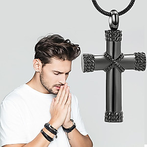 Rope Winding Cross Cremation Ashes Urn Pendant Necklace Memorial Keepsake Jewelry Lord’s Prayer Cross Ashes Necklaces (Black)