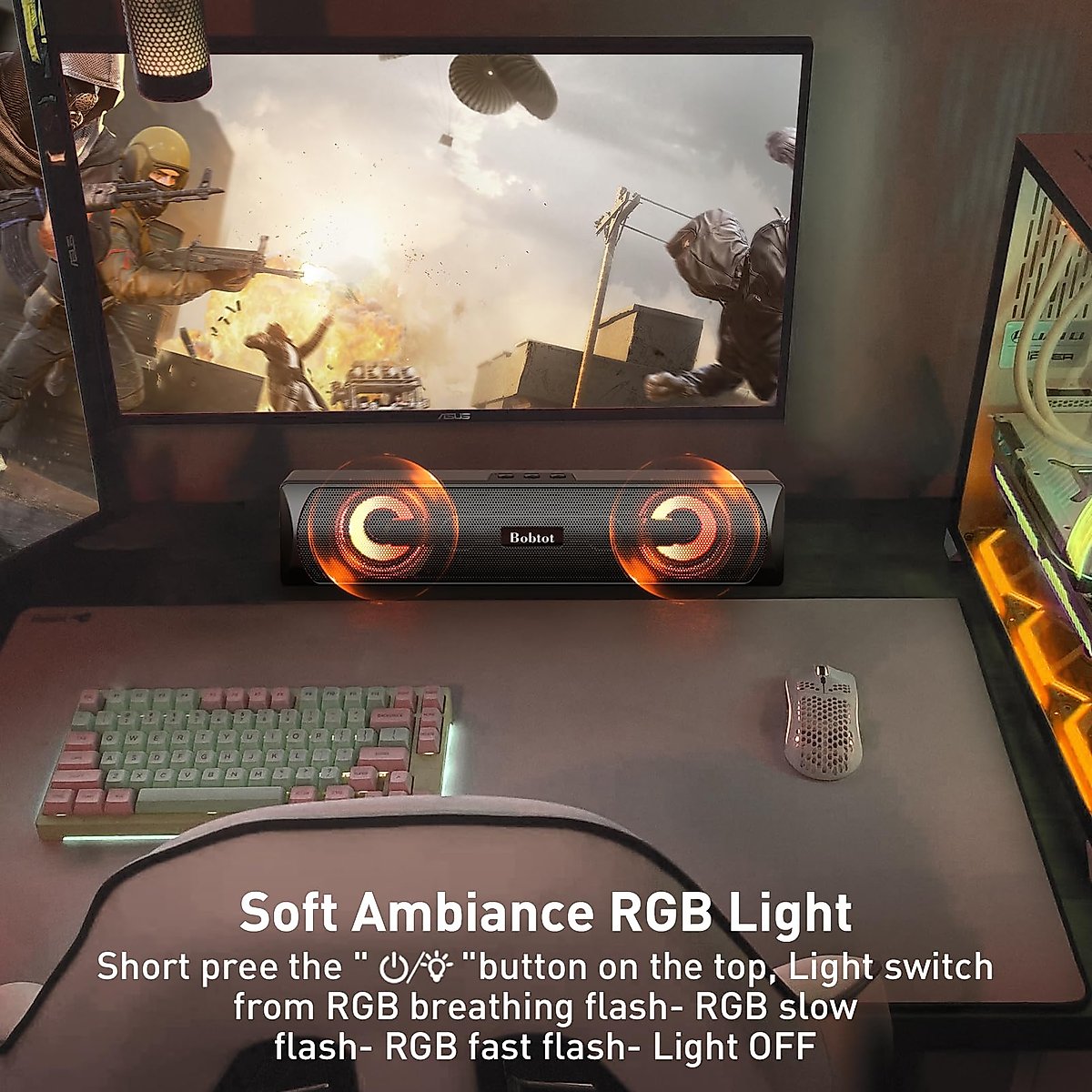Bobtot Computer Speakers Desktop Soundbar - HiFi Stereo Audio RGB Mini Sound Bar External Speaker with Bluetooth AUX-in Wired USB Powered Volume Control for PC Laptop Tablets Monitor