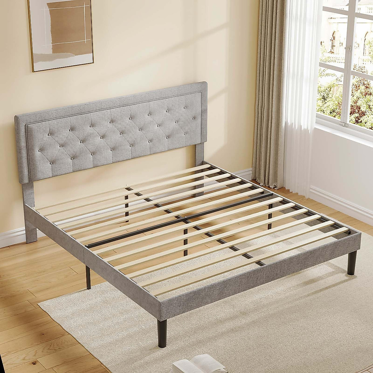 DUNTRKDU King Size Bed Frame with Adjustable Border Headboard, King Platform Bed Frame with Under Bed Storage, No Box Spring Needed/Easy Assembly for Bedroom, Light Grey