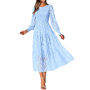 BTFBM Casual Women's 2025 Fall Dresses Elegant Wedding Guest Dress Long Sleeve Floral Midi Dress Flowy Bohemian Long Dress(Blue,X-Large)