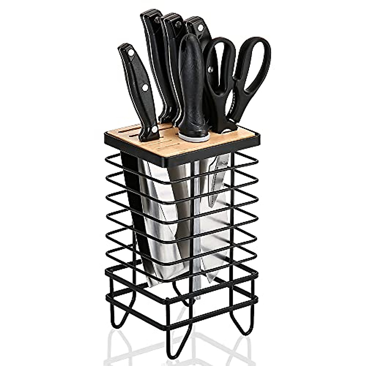 LINFIDITE Knife Block Holder Universal Kitchen Knife Organizer Storage Stand 8 Slots Top Hollow Iron Wire Safe to Use Different Size Shape Knife Sharpeners Scissors Kitchen Countertop Black