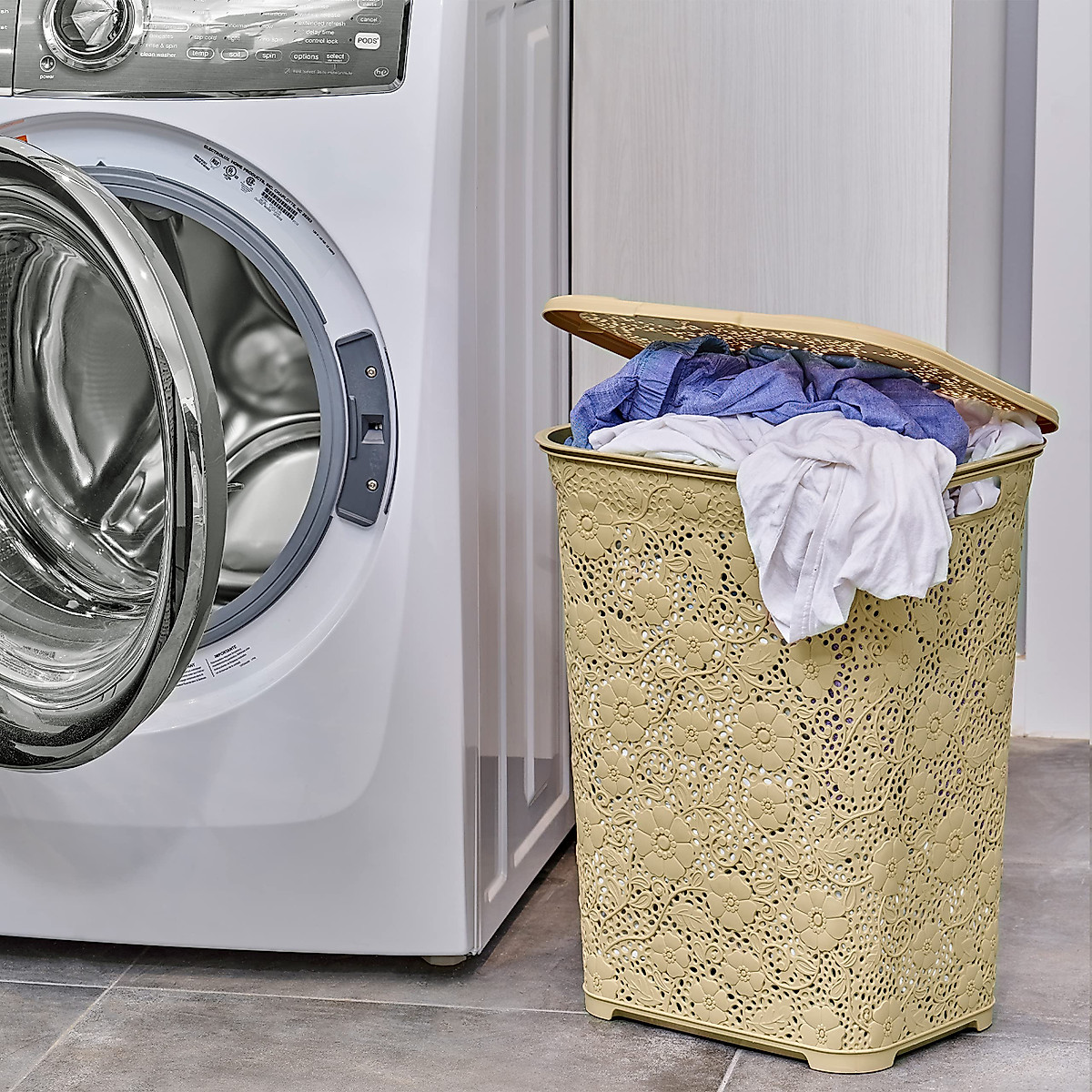 Superio Laundry Hamper with Lid Lace Design 50 Liter – 2 Pack Laundry Hamper Basket with Cutout Handles, Rectangular Shape Modern Style Bin -Dirty Cloths Storage (Beige 2 Pack)