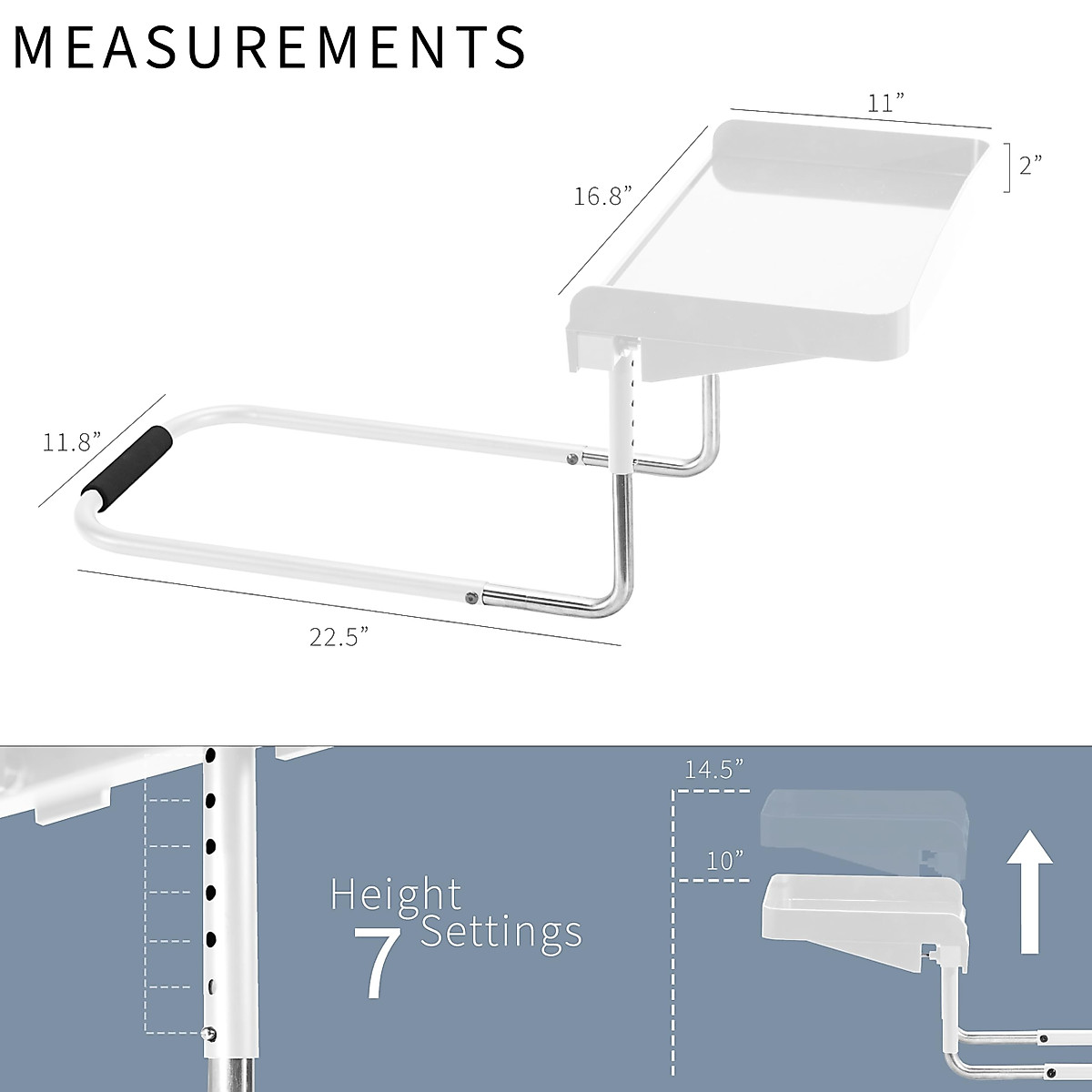 Height Adjustable Under Mattress 17 inch Bedside Shelf, Works with Lofts and Beds Without Frames, Heavy Duty Storage Tray, Fits Laptops, Books, and Drinks, Nightstand Alternative, White