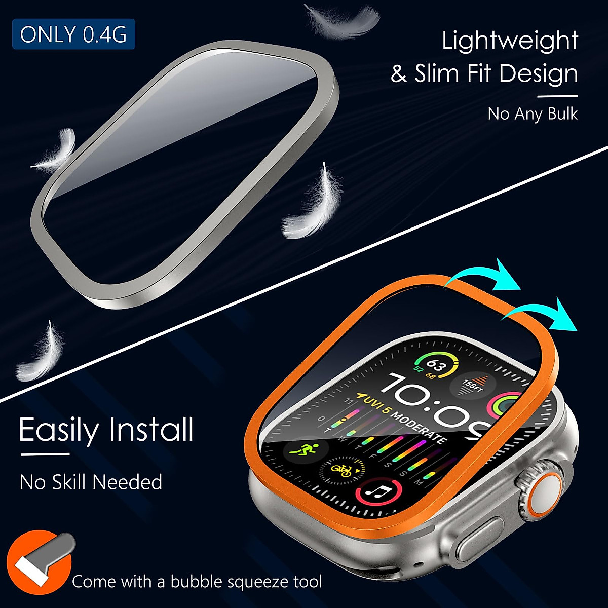 WINGLE 2-Pack for Apple Watch Ultra Screen Protector 49mm Case, 9H Tempered Glass + Titanium Alloy Frame [Keep Original] [Sensitive Touch] Protective Glass Film for iWatch Ultra,Original + Orange