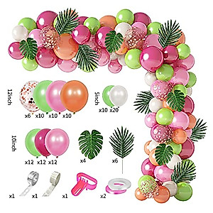 117Pcs Tropical Balloons Arch Garland Kit, Hot Pink Green Rose Gold Confetti Balloons Palm Leaves & 5Tools for Tropical Hawaii Aloha Luau Flamingo Theme Birthday Party Baby Shower Wedding Decorations