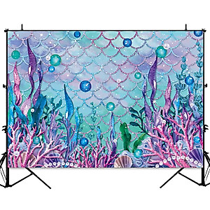 Sensfun Under The Sea Baby Shower Backdrop Purple Blue Seaweed Glitter Scales Underwater Photography Backgrpund Mermaid Birthday Decorations Party Cake Table Banner Photoshoot Vinyl Prop 7x5ft
