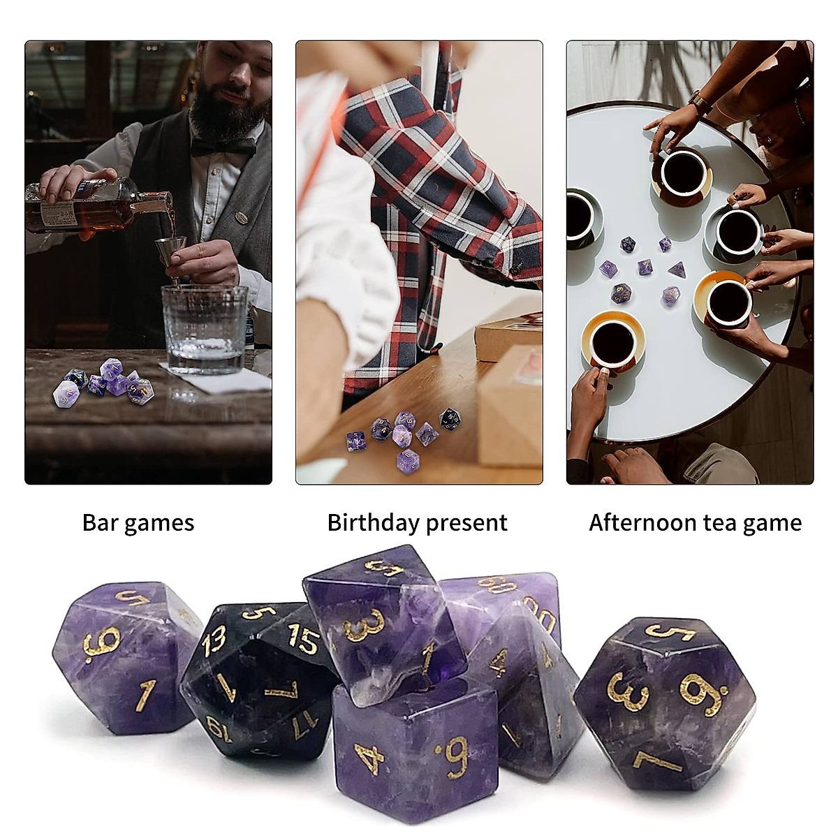 TAMYUN 7 Pieces DND Dice Set Amethyst Natural Gemstone Dice D4 D6 D8 D10 D00 D12 D20 and Dice Bag RPG Polyhedral Dungeons and Dragons Dice Toys
