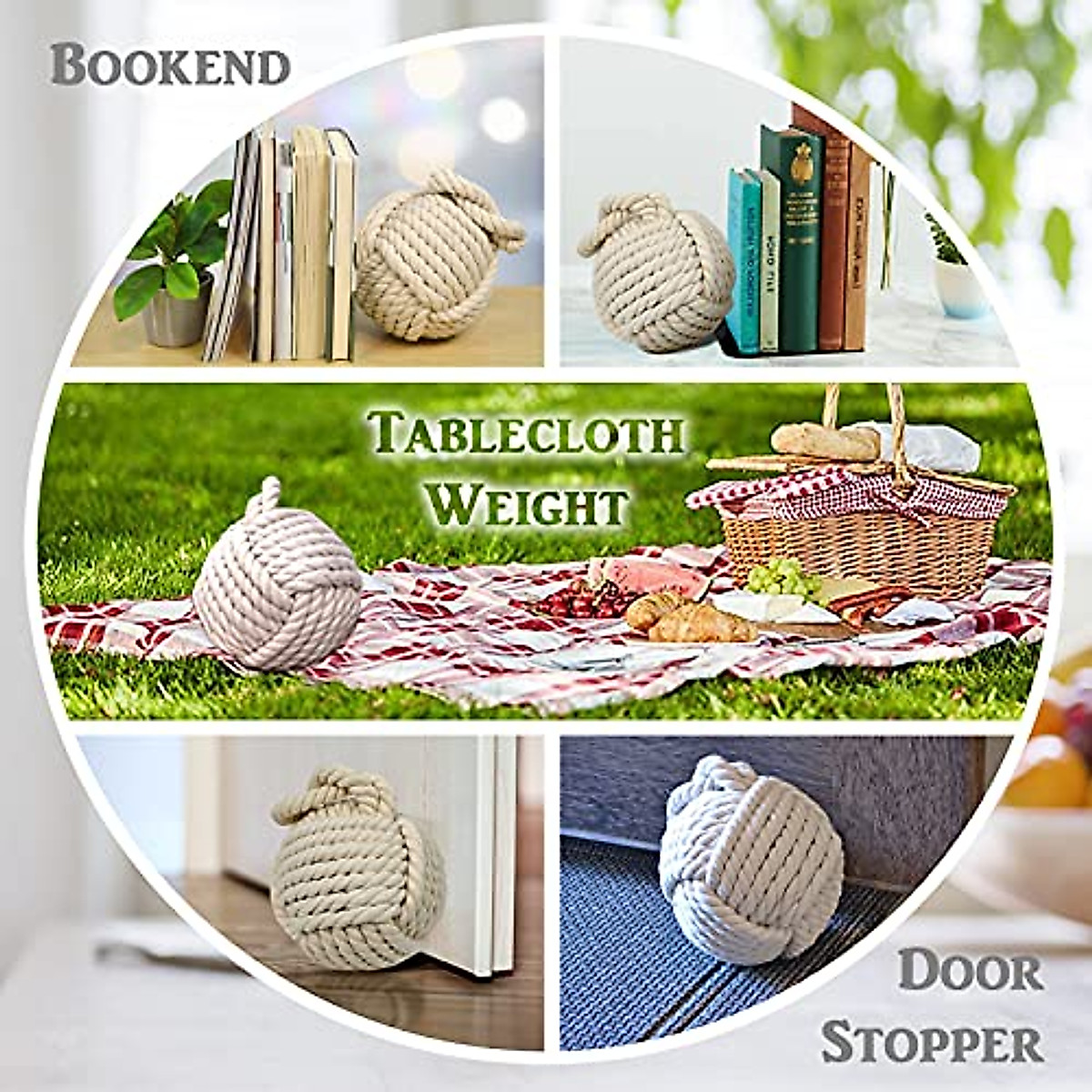 Westcharm 6" Dia. Cream Monkey Fist Rope Knot Door Stopper | Nautical Knot Door Stop | Decorative Tablecloth Weight | Weighted Window Wedge | Coastal Rope Ball Bookend | Sailor's Knot Doorstop - Ivory