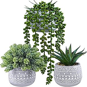 Winlyn 3 Pcs Assorted Small Potted Succulent Plants Artificial Aloe Hops String of Pearls Succulents in Gray Geometric Concrete Pots for Gifts Table Shelf Windowsill Indoor Outdoor Greenery Decor