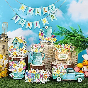 18 Pieces Hello Spring Tiered Tray Decor Easter Tiered Tray Decorations Fresh Flower Market Wooden 3D Sign Farmhouse Mini Spring Decor for Holiday Kitchen Home Easter Spring Party Decor(Null)