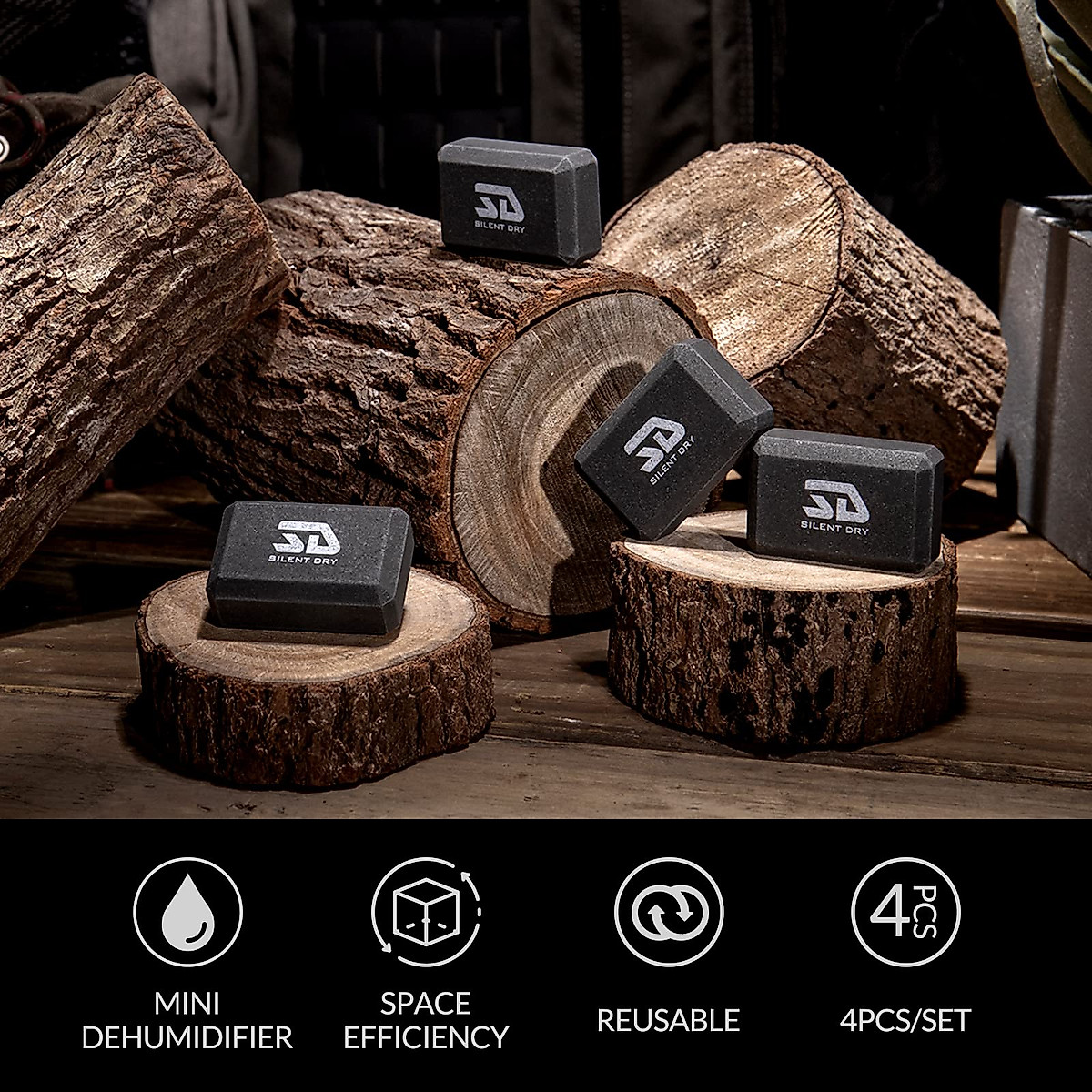 SILENT DRY Renewable Small Safe Dehumidifier Block, Rechargeable Portable Moisture Absorbers for Gun Accessories/Closet/Cabinet/Camerant/Gym Bag, up to 5L, 4 Pieces, Invisible