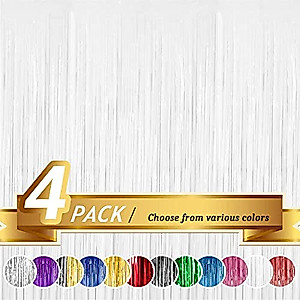 BTSD-home White Foil Fringe Curtain, Metallic Photo Booth Backdrop Tinsel Door Curtains for Wedding Birthday Bridal Shower Baby Shower Bachelorette Christmas Party Decorations(4 Pack, 8ft x 3ft)