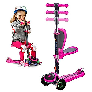 Kick Scooters for Kids Ages 3-5 (Suitable for 2-12 Year Old) Adjustable Height Foldable Scooter Removable Seat, 3 LED Light Wheels, Rear Brake, Wide Standing Board, Outdoor Activities for Boys/Girls