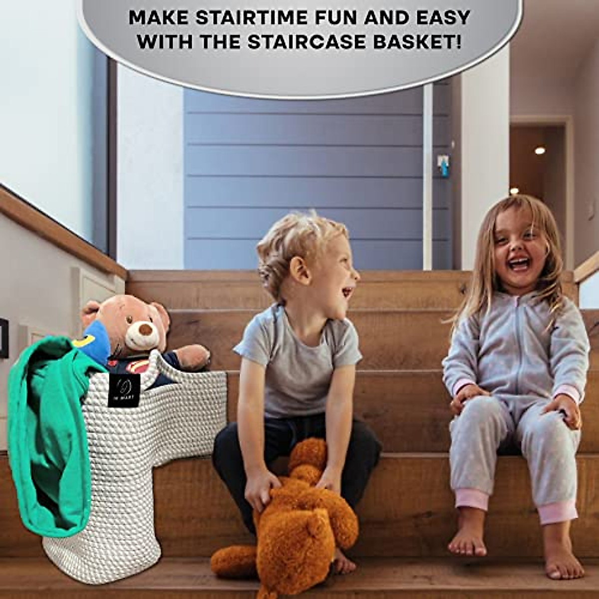 IK Mart Stair Basket - Cotton Rope Stair Baskets for Carpeted Stairs, Internal Support for 16'' Carpeted Stairs Organizer and Wooden Stairs - Perfect Basket for Toys, Laundry & Clothes Storage