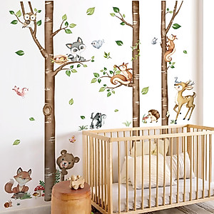 decalmile Large Birch Tree Forest Animals Wall Stickers Bear Rabbit Fox Deer Wall Decals Baby Nursery Toddler Bedroom Living Room Wall Decor(H: 63inches/ 160cm)
