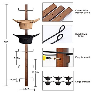 JILLMO Cowboy Hat Rack, Cowboy Hat Holder, 6 Pieces Hat Rack for Cowboy Hats with Wooden Board, Metal Hat Holder Organizer for Hat Collection