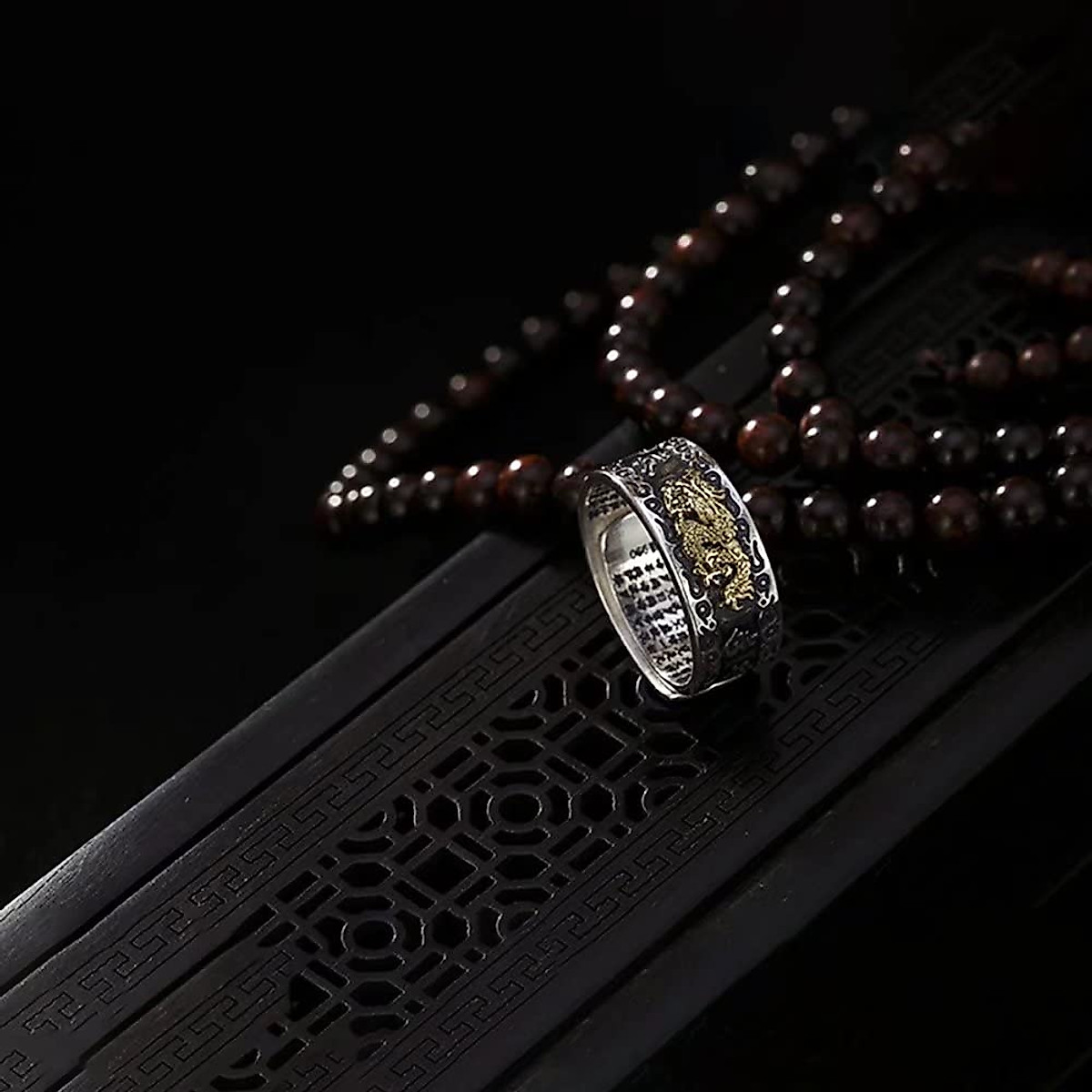 JUNTEN 990 Sterling Silver Feng Shui Dragon Mantra Ring for Women Men Buddhist Mani Adjustable Ring Wealth Lucky Jewelry