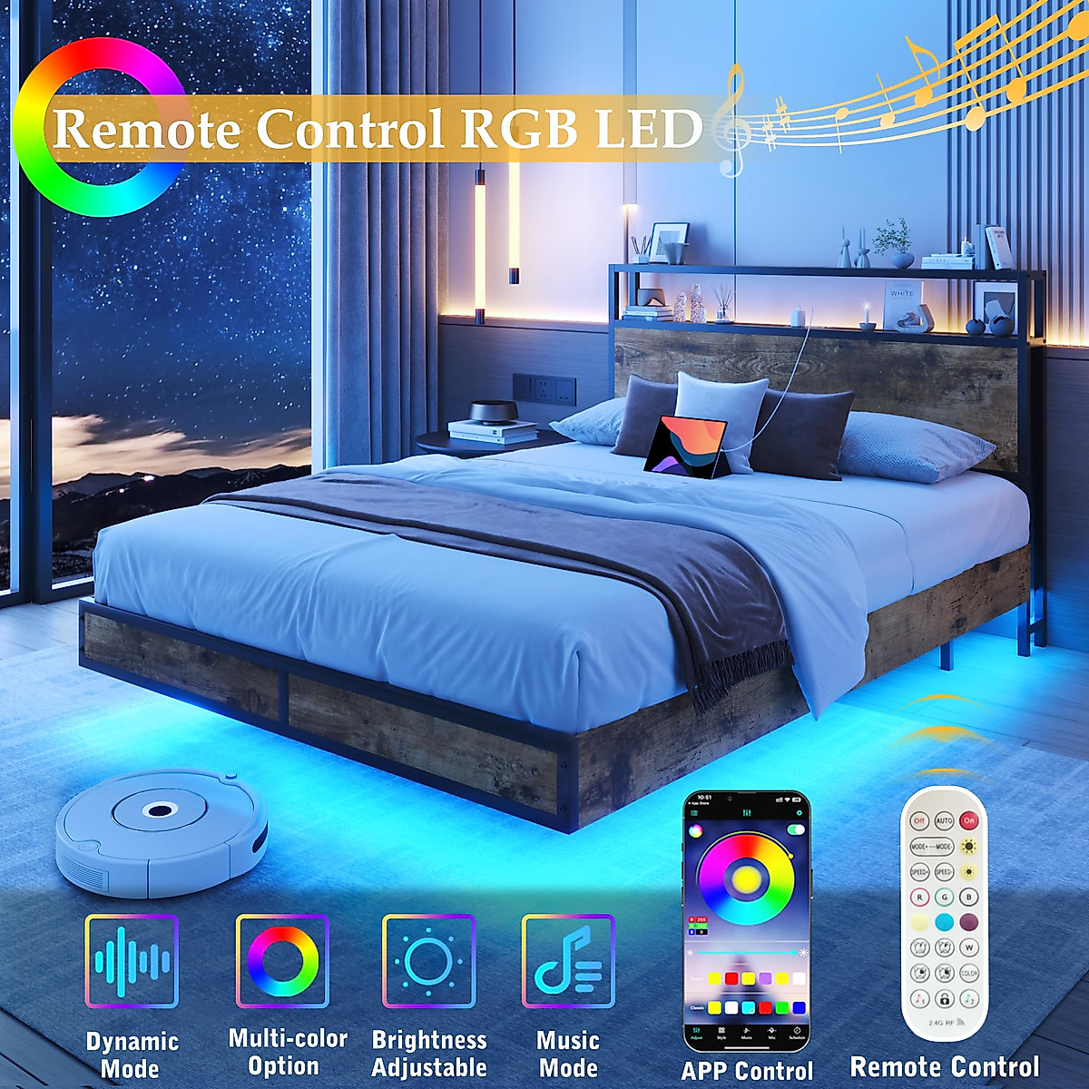 HISOFT Floating Queen Bed Frame with 2-Tier Storage Headboard, Metal Queen Bed with Charging Station & LED, No Box Spring Needed, Noise Free, Easy to Assemble, Vintage Brown