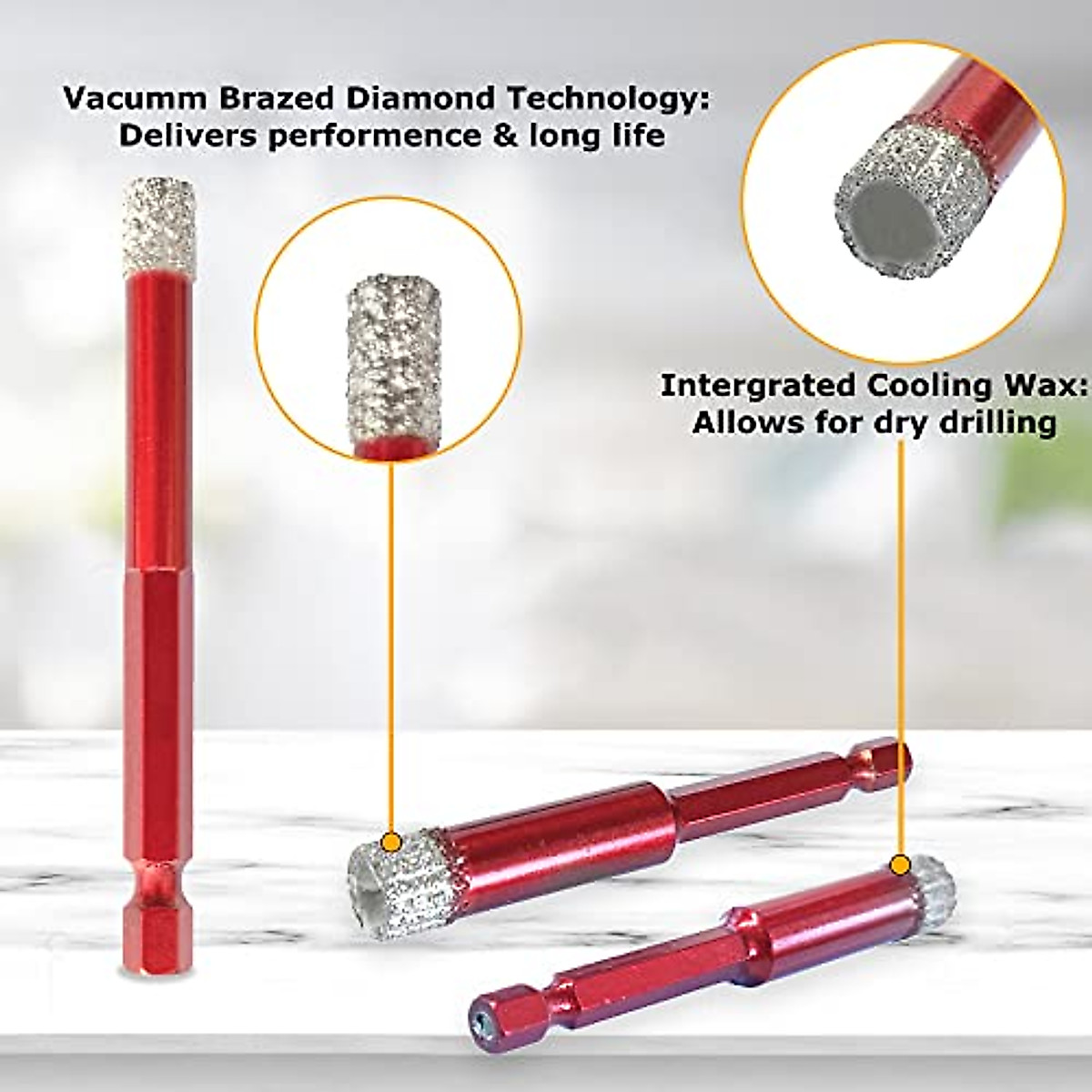 Superior Diamond Tools Dry Diamond Drill Bits - 3pcs 1/4'' (6mm) Quick Change Hex Shank - Diamond Hole Saw for Ceramic Porcelain Granite Marble - Tile Drill Bit - Diamond Drill Bits for Stone