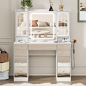 Maupvit Makeup Vanity Desk with Mirror and Lights, Large Vanity Desk with Storage Cabinet and 9 Drawer, White Vanity Table with Power Strip, 3 Lighting Modes, Brightness Adjustable, 43.3in(L)