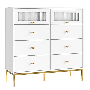 finetones White Dresser, 8 Drawer Dresser White and Gold Dresser with Fluted Glass Door and Gold Metal Legs, Modern Dresser Gold Dresser Wood Storage Chest of Drawers for Home