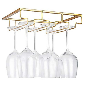 Wine Glass Rack - Under Cabinet Stemware Wine Glass Holder Glasses Storage Hanger Metal Organizer for Bar Kitchen Gold