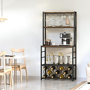 FIDVEKL Wine Rack Freestanding Floor, 5-Tier Industrial Wine Rack Freestanding Floor with Glass Holder and Wine Storage for Home Kitchen Dining Room, Rustic Brown