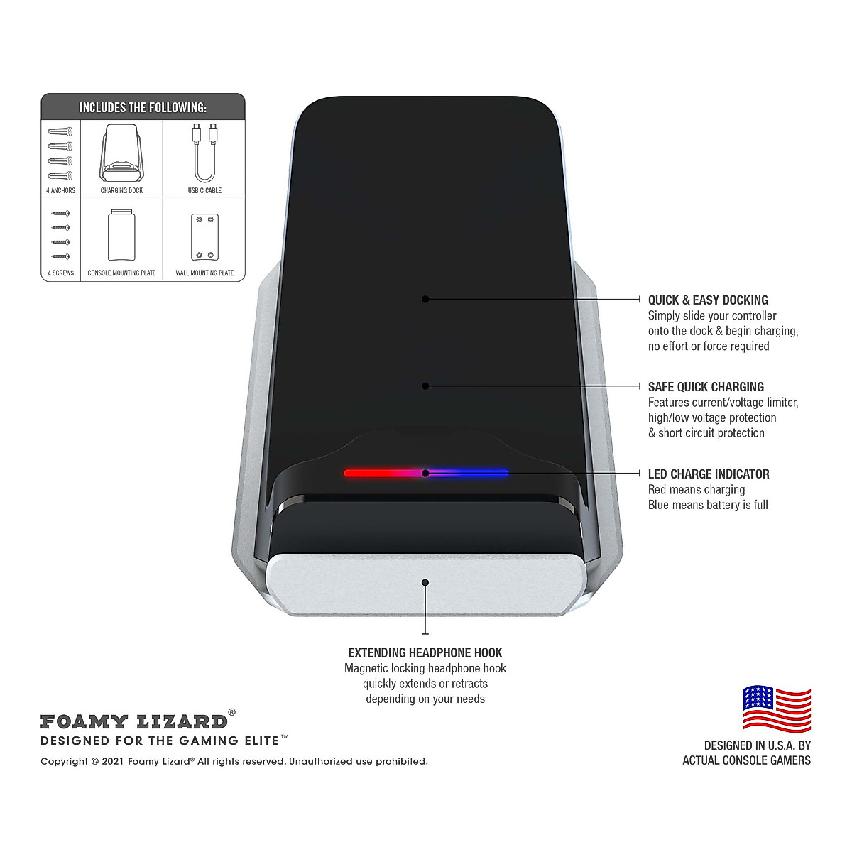 Foamy Lizard PS5 Controller Charger Console and Wall Mount for Playstation 5 DualSense Fast Charging Station Hanging Dock, Headphone Hook, LED Indicator, Overcharge Protection (PS5 White+Black)