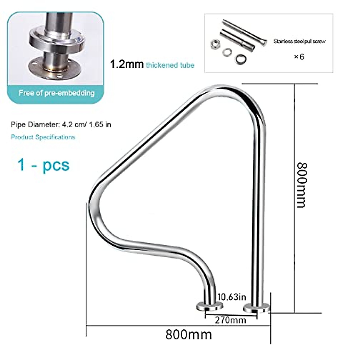 Pool Handrail 31.5 × 31.5 in Swimming Pools Railing,1PCS Stainless Steel Deck to Deck Mounted Pool Transitional Hand Rails - Complete Kit, for Spa Garden Round Pools