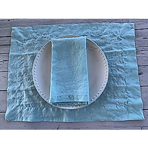 Eight Owls Stonewashed Linen Placemats – 15” x 20”– Set of 4-100% Pure Linen Cloth - Mitered Corners – 2" Hem – Coast (Aqua Lagoon)