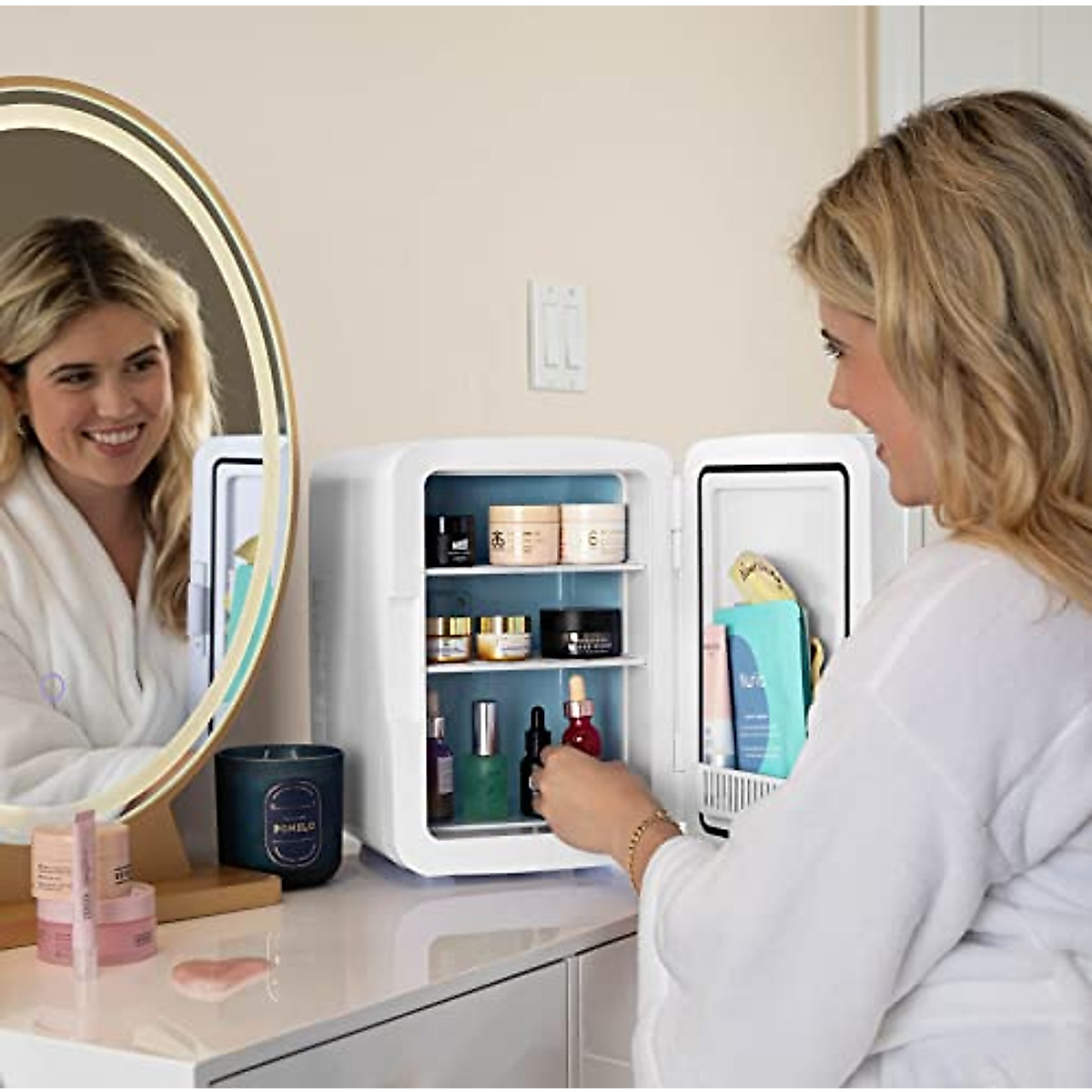 Cooluli 10L Mini Fridge for Bedroom - Car, Office Desk & College Dorm Room - 12v Portable Cooler & Warmer for Food, Drinks, Skincare, Beauty & Makeup - AC/DC Small Refrigerator with Glass Front, White