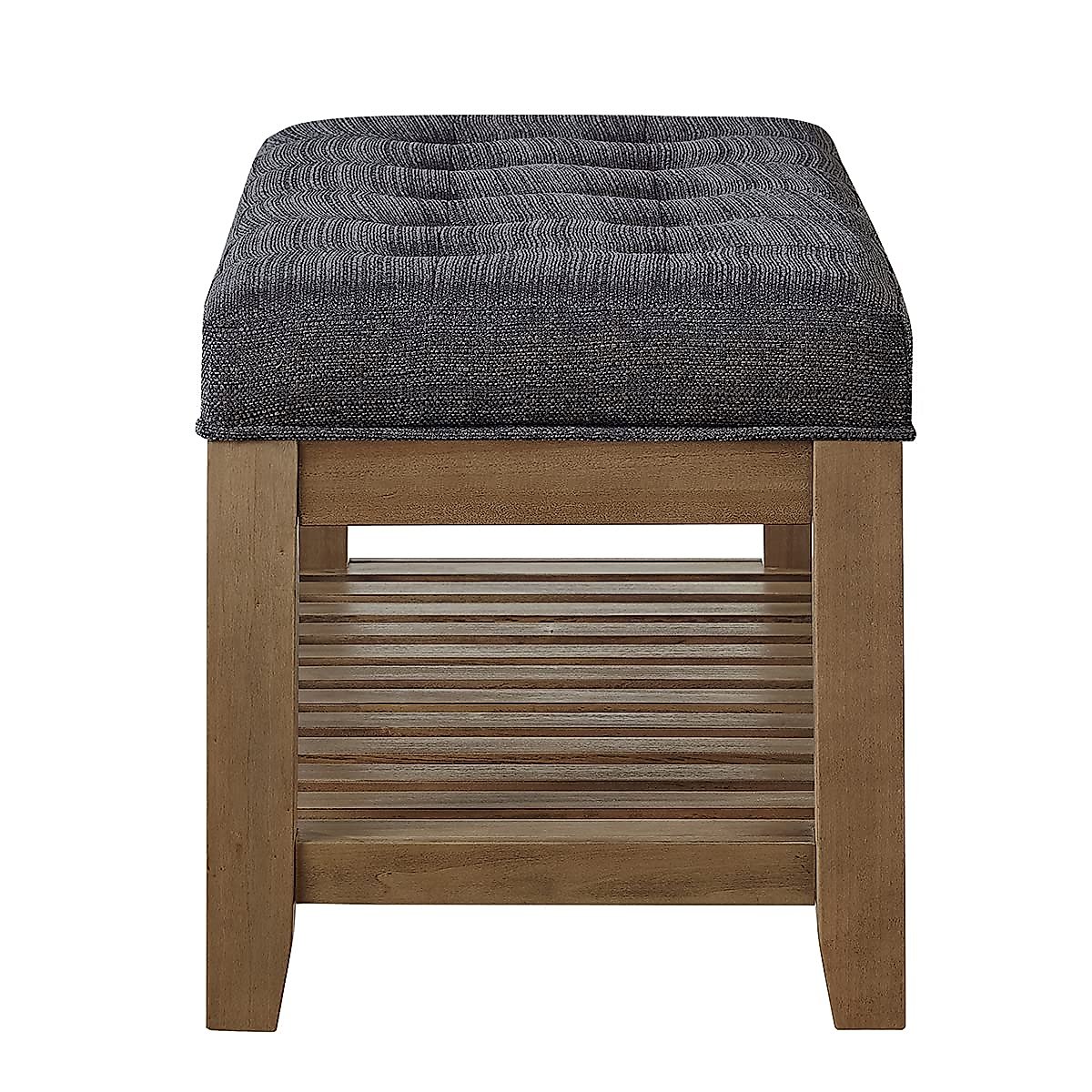 24KF Large Rectangular Upholstered Tufted Linen Fabric Ottoman Bench, Padded Bench with Solid Wood Shelf-Charcoal