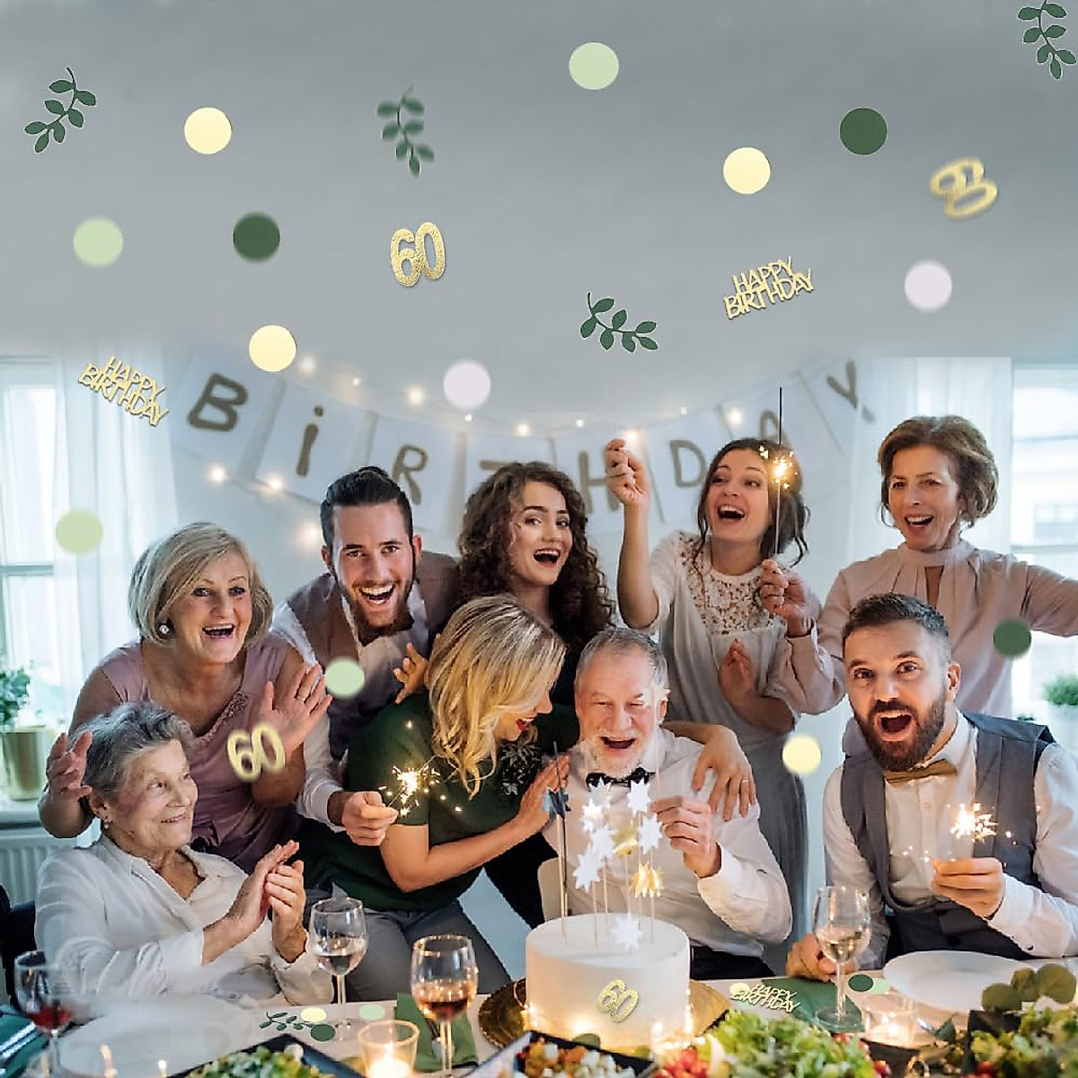 Sage Green 60th Happy Birthday Confetti, 60th Birthday Table Decorations Scatter Confetti Birthday Cake Confetti, Green Gold Foil Confetti Decorations for 60th Birthday Woman Men Party Decor 230 Pcs