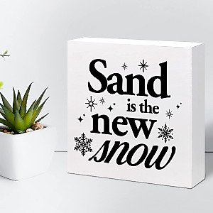 z-crange Sand is The New Snow Farmhouse Beach Wood Block Sign Desk Decor,Funny Nautical Ocean Beach Wooden Box Plaque Sign Desk Decor for Coastal House Office Shelf Table Decorations
