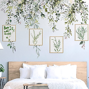 VePret Green Plants Leaves Wall Decals Peel and Stick, Large Floral Flowers Wall Stickers, Removable Vine Home Decor Art for Bedroom Living Room Classroom Office