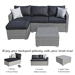 Patio Furniture Sectional Sofa Set – 3 Piece All Weather Resin Wicker Outdoor Conversation Set Black Washable Cushions & Coffee Table | Garden | Backyard | Pool | 2 Clips