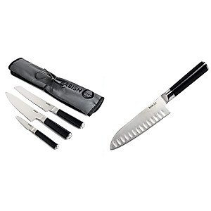 Babish German Steel Cutlery Bundle with Knife Roll (Chef Knife, Bread Knife, Pairing Knife, Santoku Knife)