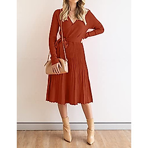 ZESICA Women's 2023 Fall Long Sleeve Wrap V Neck Ribbed Knit Pleated A Line Pullover Sweater Dress with Belt,Rust,Large
