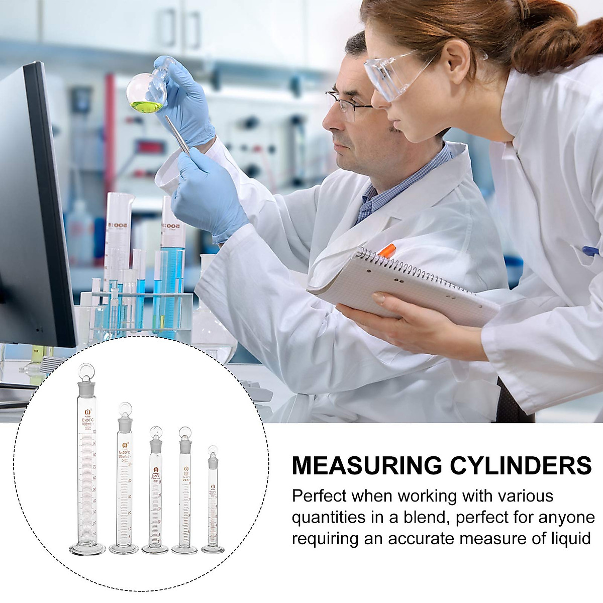 Baluue 5Pcs Glass Graduated Measuring Cylinder with Stopper Metric Scale Measuring Cup Conical Beaker Liquid Dispenser Experiment Tool for School Science 10/20/ 25/50/ 100ML