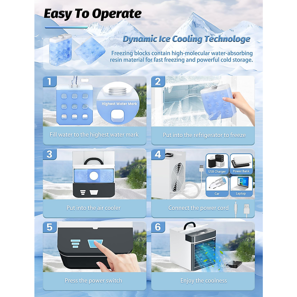 Portable Air Conditioner, Mini Personal Ice Fan with 3 Speeds, Small Anti-leakage Water Ice Cooling Air Cooler for Room Bedroom Office Home Tent (F-08)