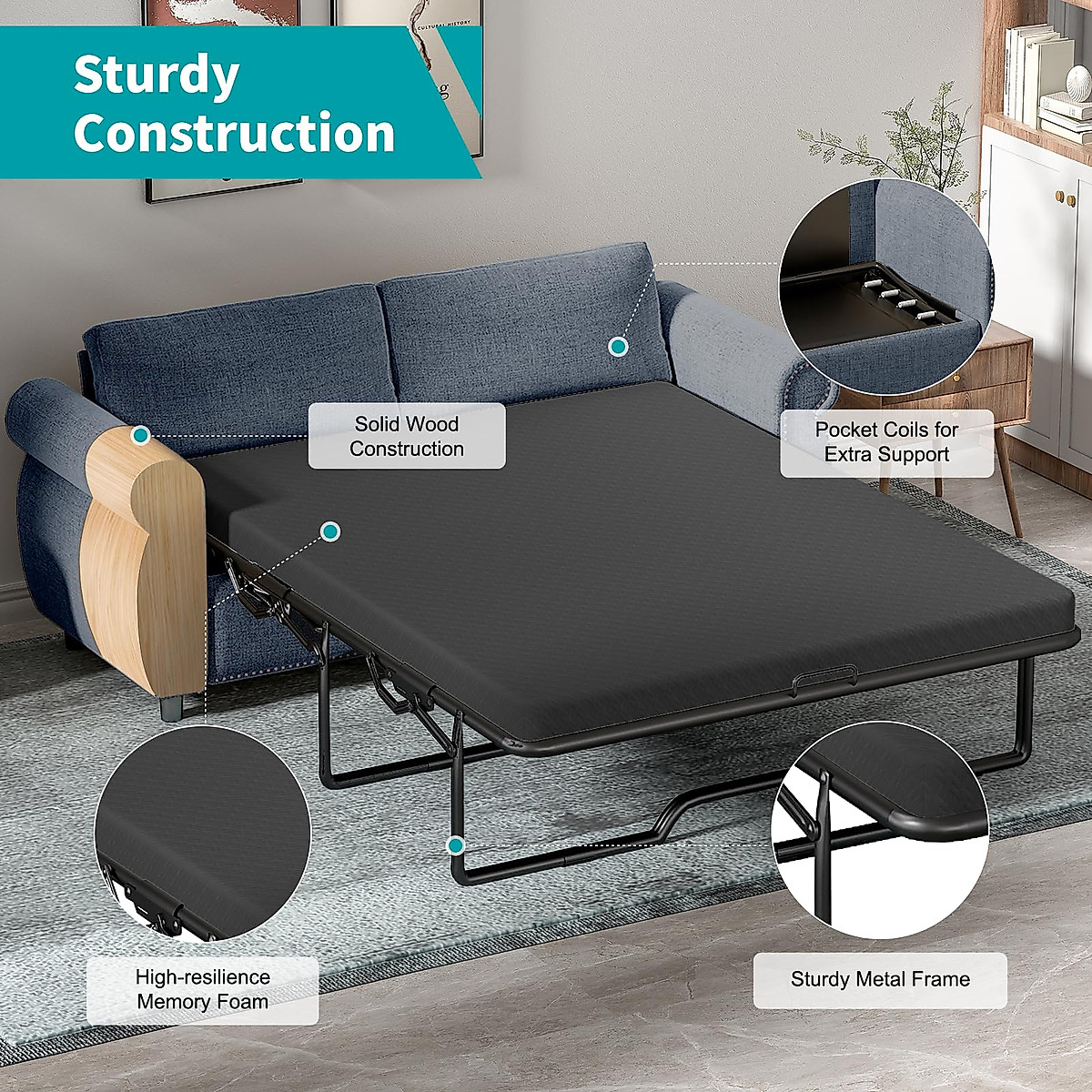 BALUS 2-in-1 Pull Out Sofa Bed, Convertible Sleeper Sofa Couch with Memory Sponge Mattress, Covers Removable and Washable, Pullout Couch for Living Room Home Office, Full Size, Dark Grey