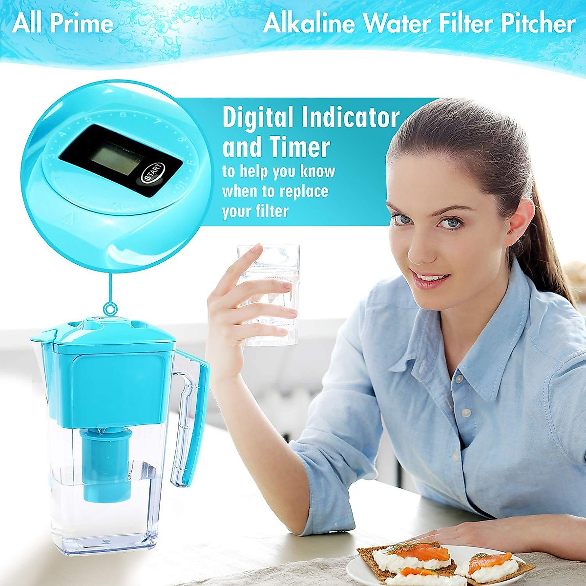 All Prime 2.5 Liter Alkaline Water Filter Pitcher with 2 Replacement Alkaline Water Filter, pH and Alkalinity Test Strips - Alkaline Water Filter Pitchers for Drinking Water