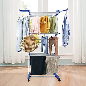 Foldable Clothes Drying Racks with Storage Shelves, Garment Rack with Rolling Free-Standing Clothing Rack Closet Organizer with Double Rods/Lockable Wheels & 2 Pairs Side Hooks (Blue)